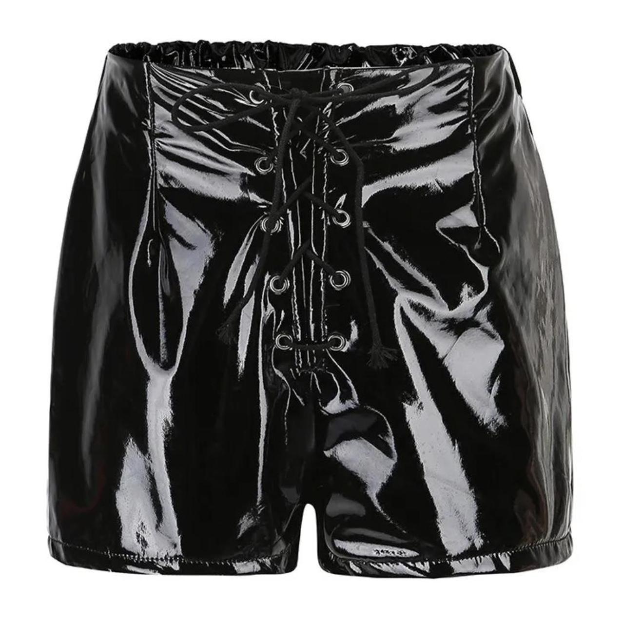 Black faux leather PVC lace up shorts High waisted... - Depop