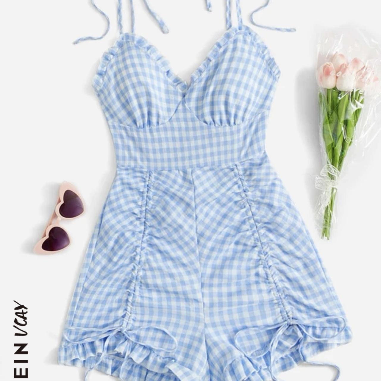 SHEIN Women's White and Blue Playsuit-romper | Depop