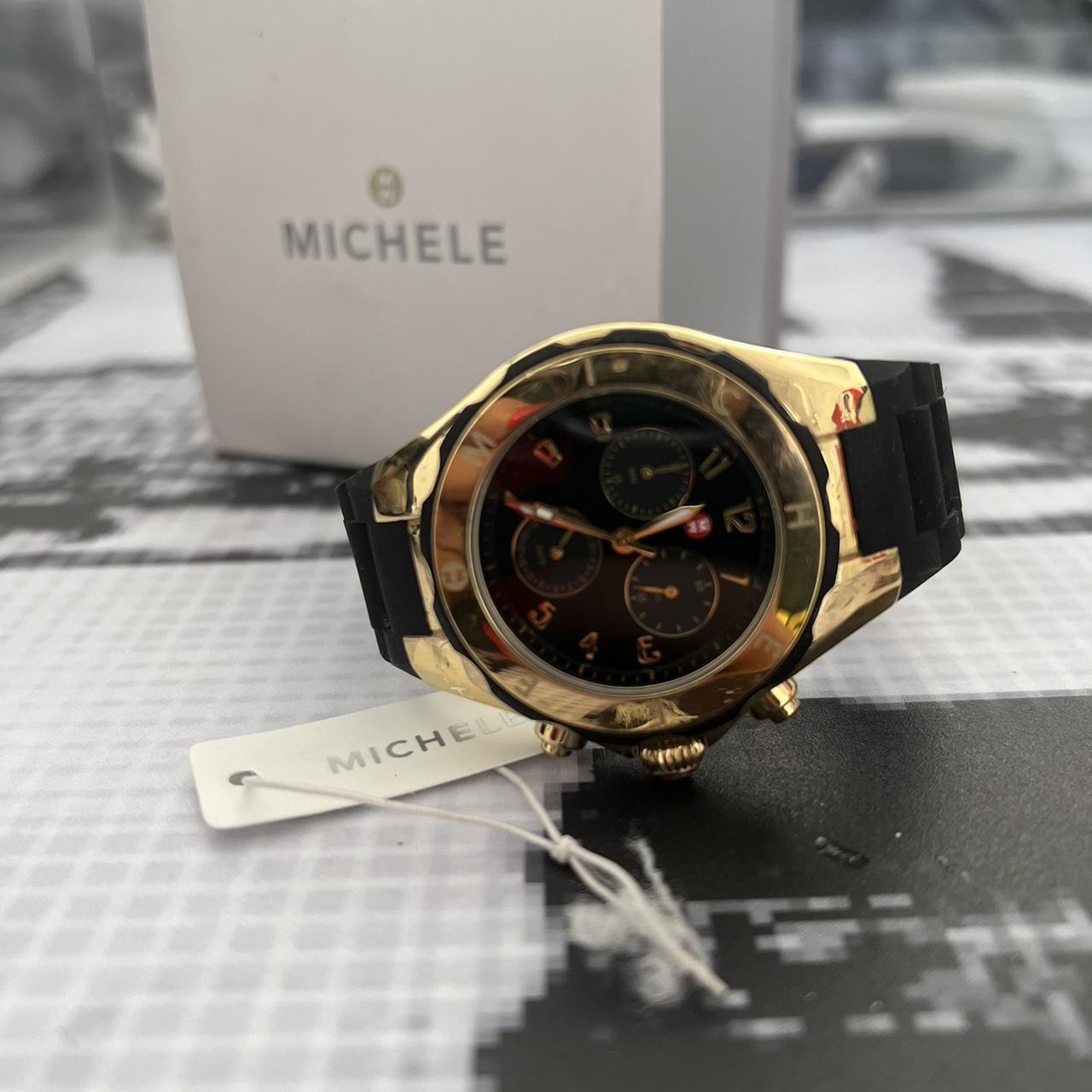 Black rubber gold face Michele watch - Depop