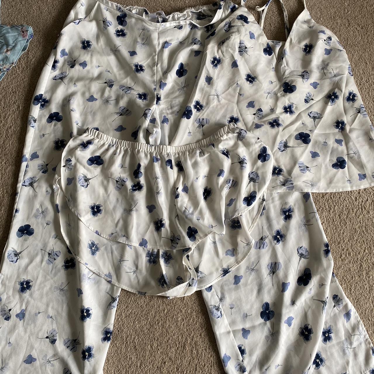 Primark Blue Floral 3 Piece Pyjama Set Cami Top Size... - Depop