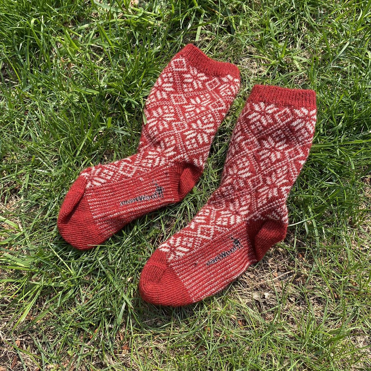 Red and white patterned smart wool socks - Depop