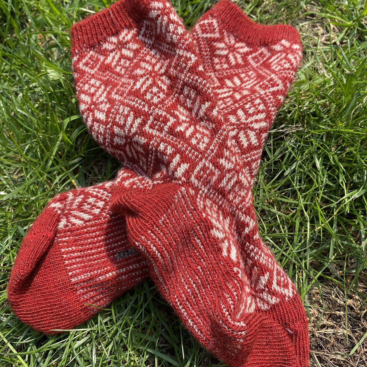 Red and white patterned smart wool socks - Depop