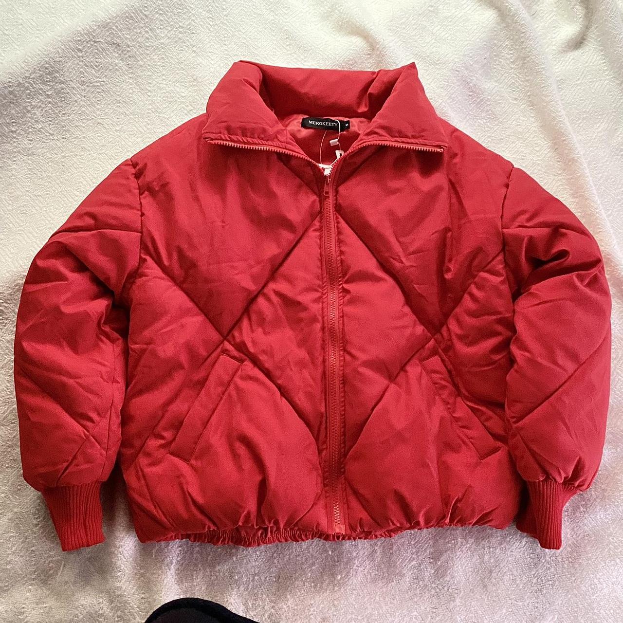 woman’s red puffer jacket size small ️ new with... - Depop
