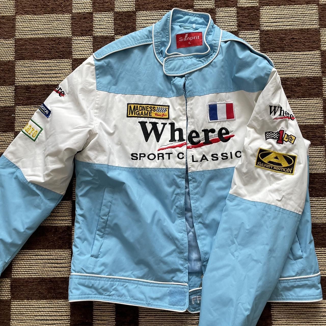 Baby blue racing jacket/ moto jacket Size kids XL... - Depop