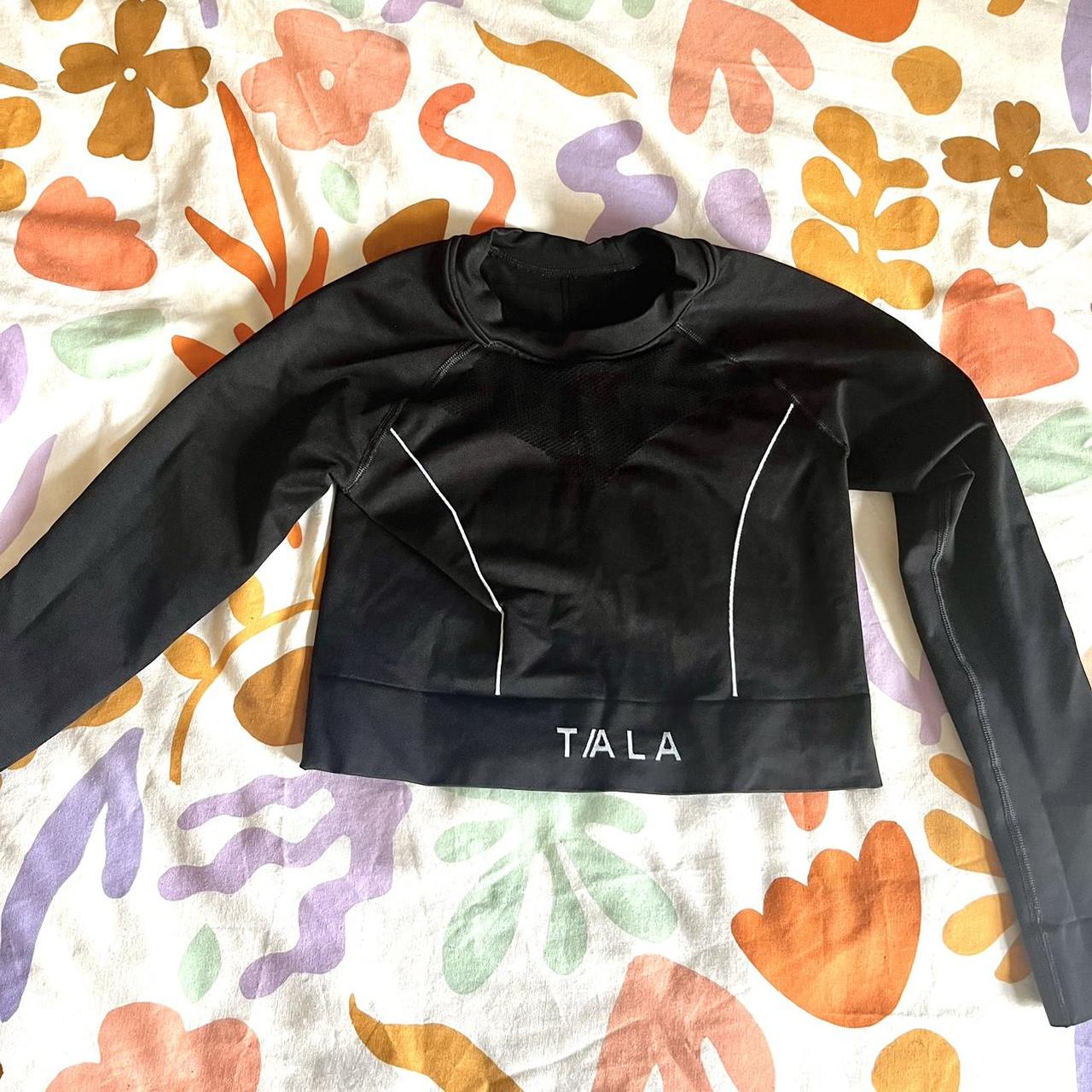 Tala long sleeved black gym crop top with white... - Depop