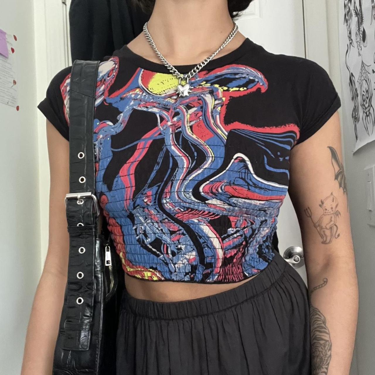 Graphic smocked crop top The coolest abstract grim... - Depop