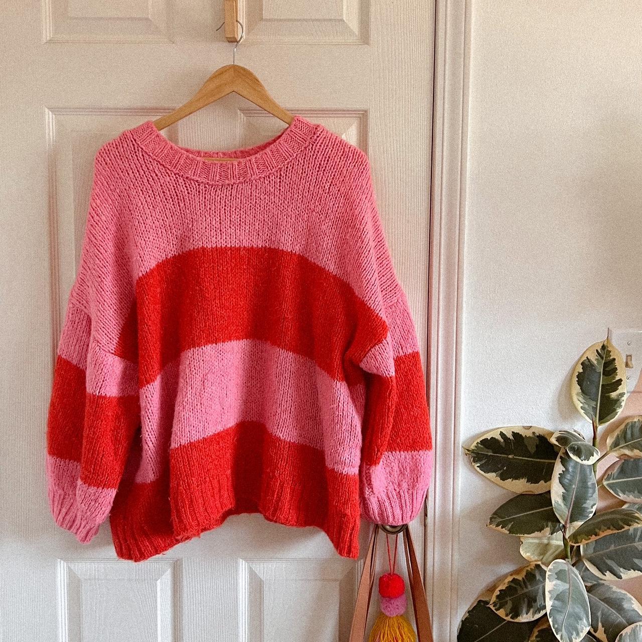 Red and Pink Oversized Stripe Sweater - fluffy -... - Depop