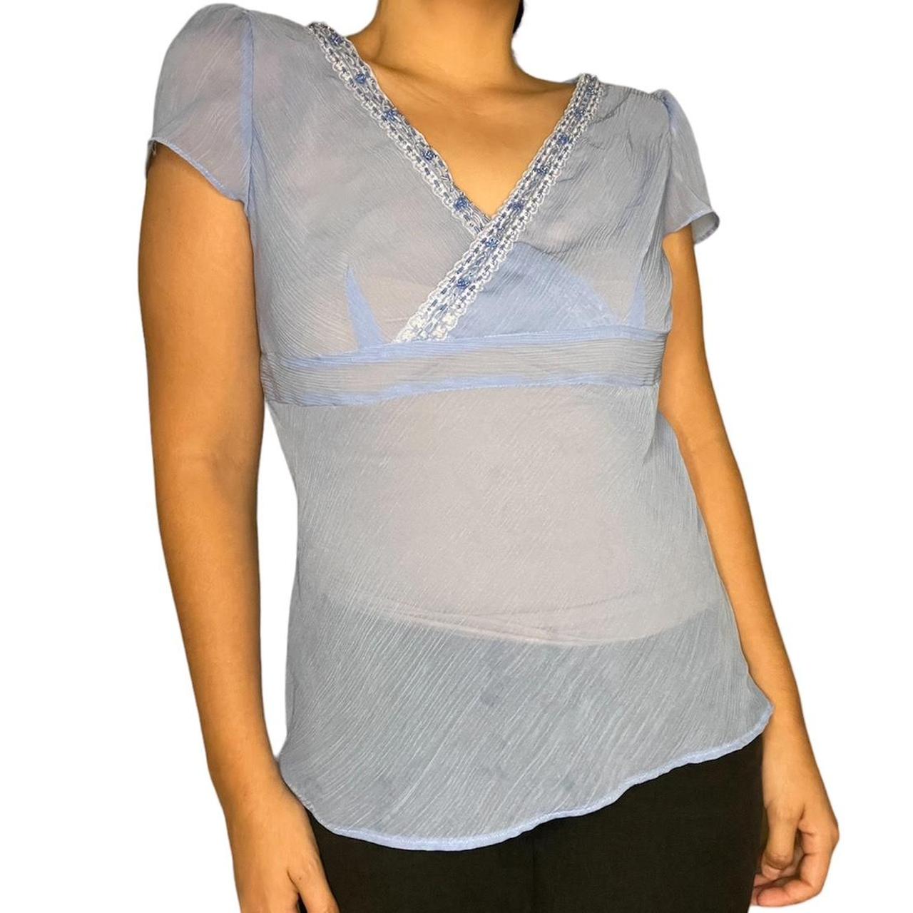 Sky Blue Chiffon 2000s Blouse Size L Tie up... - Depop