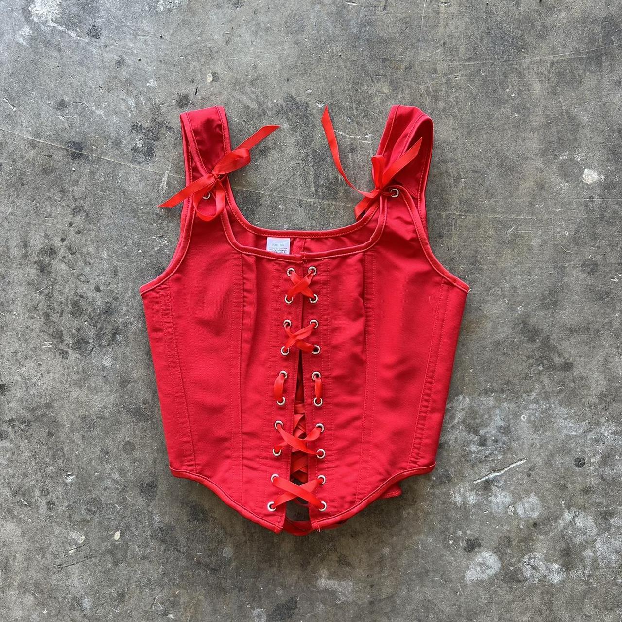 Cherry Red Lace Up Corset Ribbon lace up Size XS... - Depop