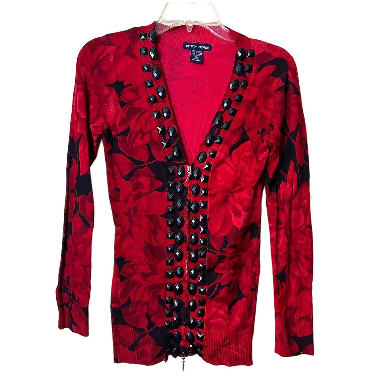 Boston Proper Red & Black Floral Beaded Zip Cardigan... - Depop
