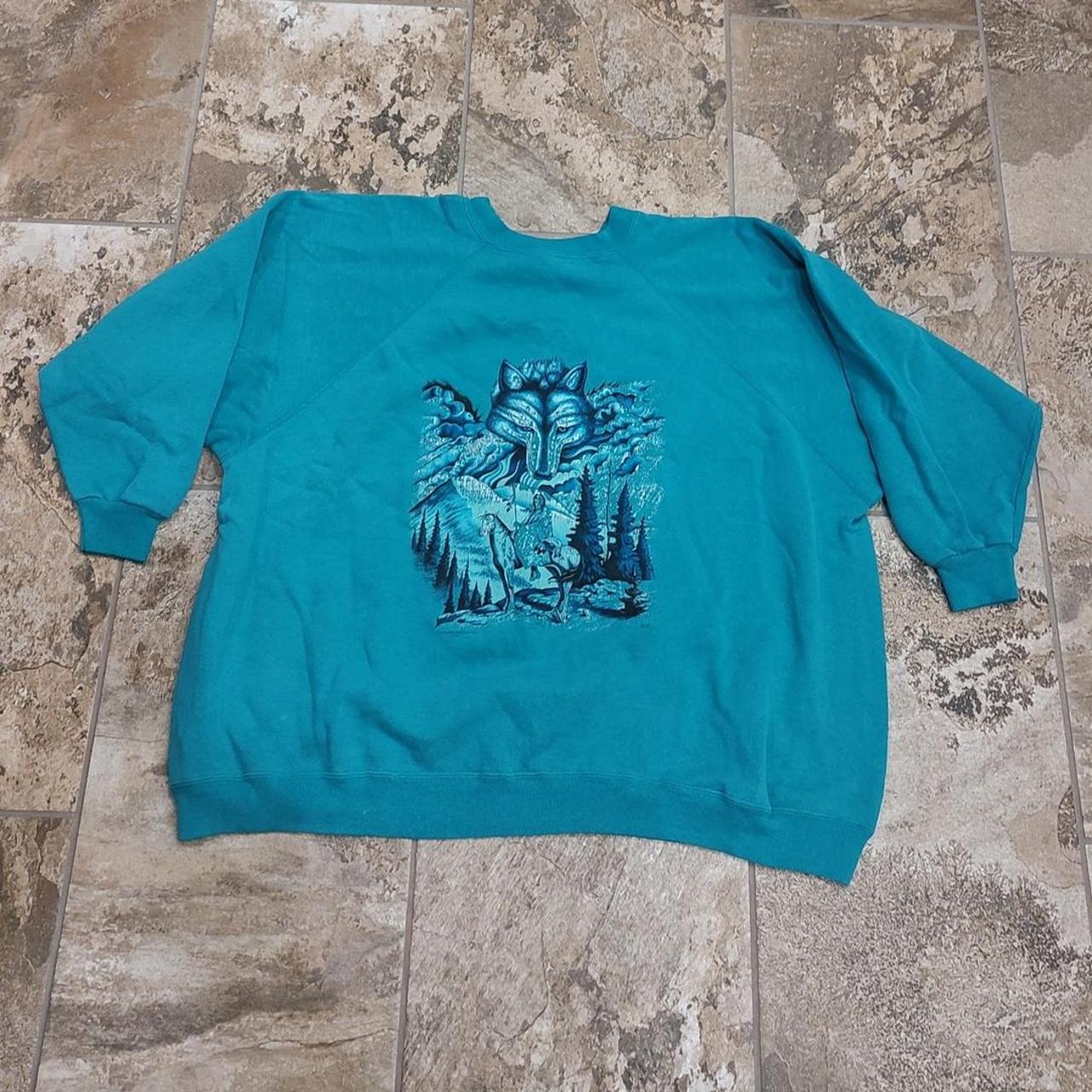 Vintage 90s turquoise blue sweater with wolf... - Depop