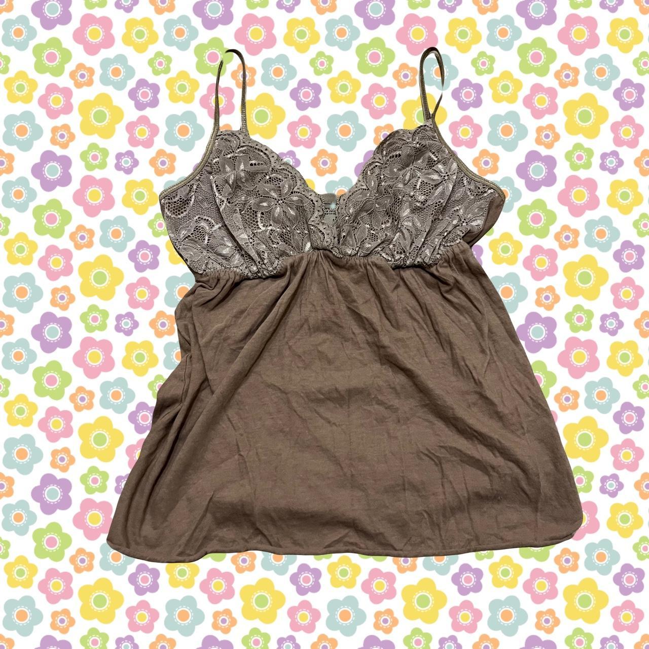 Cute 2000s brown tank top with flower lace detail... - Depop