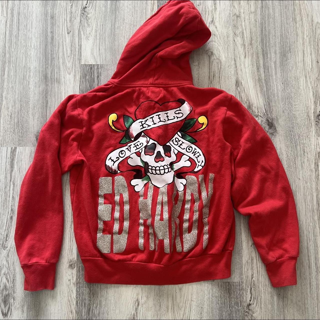 RED ED HARDY ZIP UP •tag size L, but best fit... - Depop