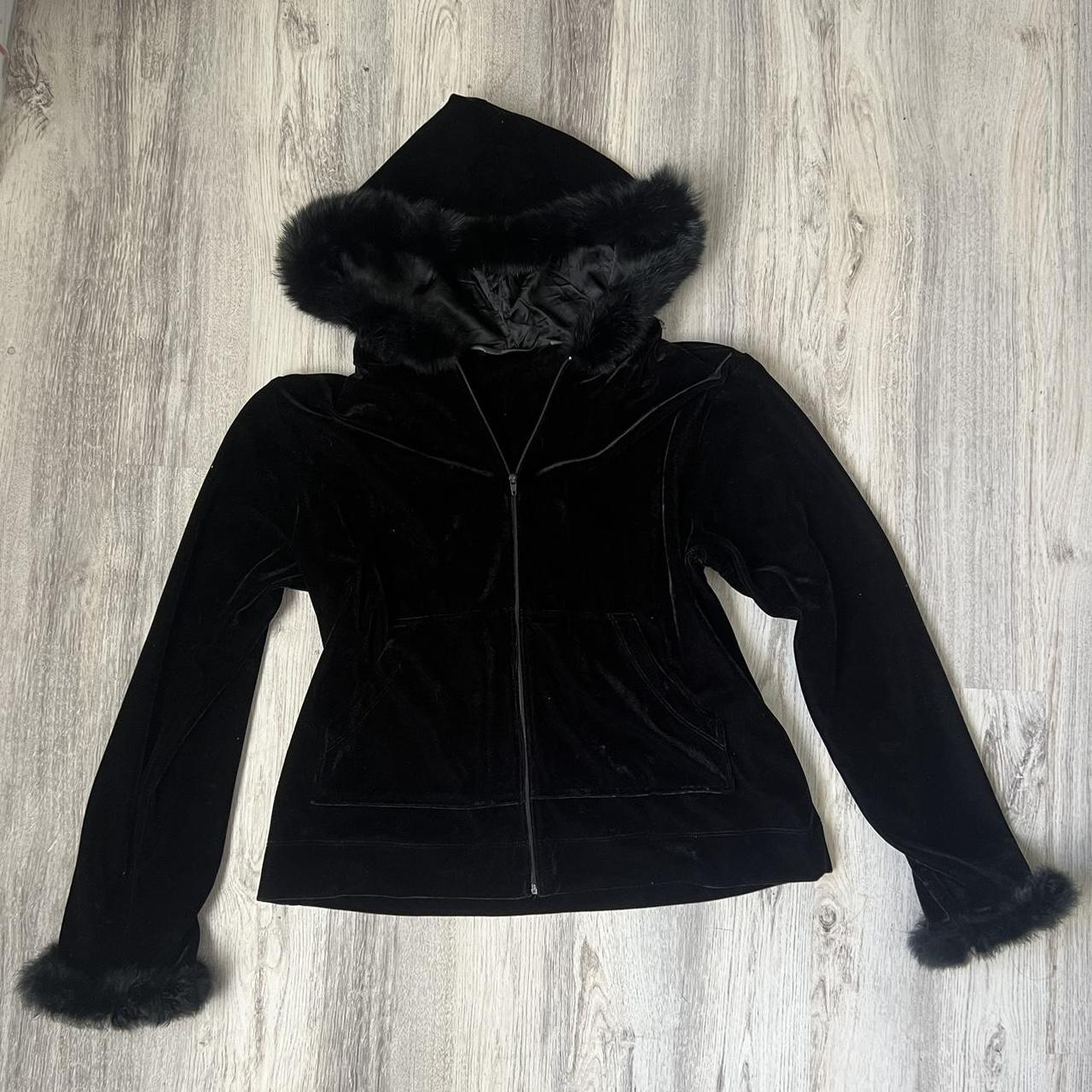 BLACK FUR ZIP UP •fur lining on hood and end of... - Depop