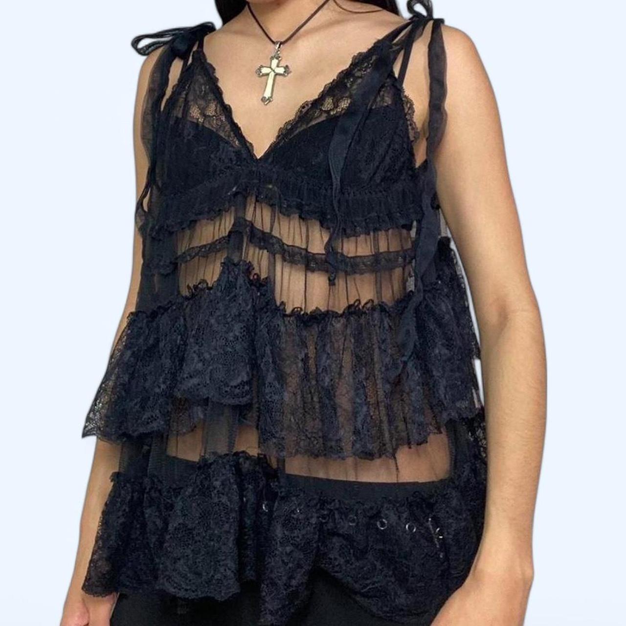 whimsy goth black lace lingerie tank top with tie... | Depop