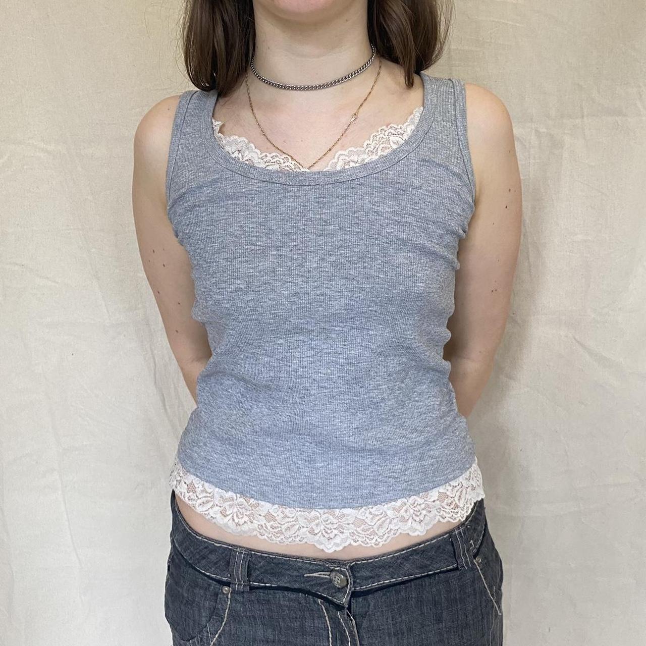 SUPER COOL grey cami with lace details on collar!... - Depop
