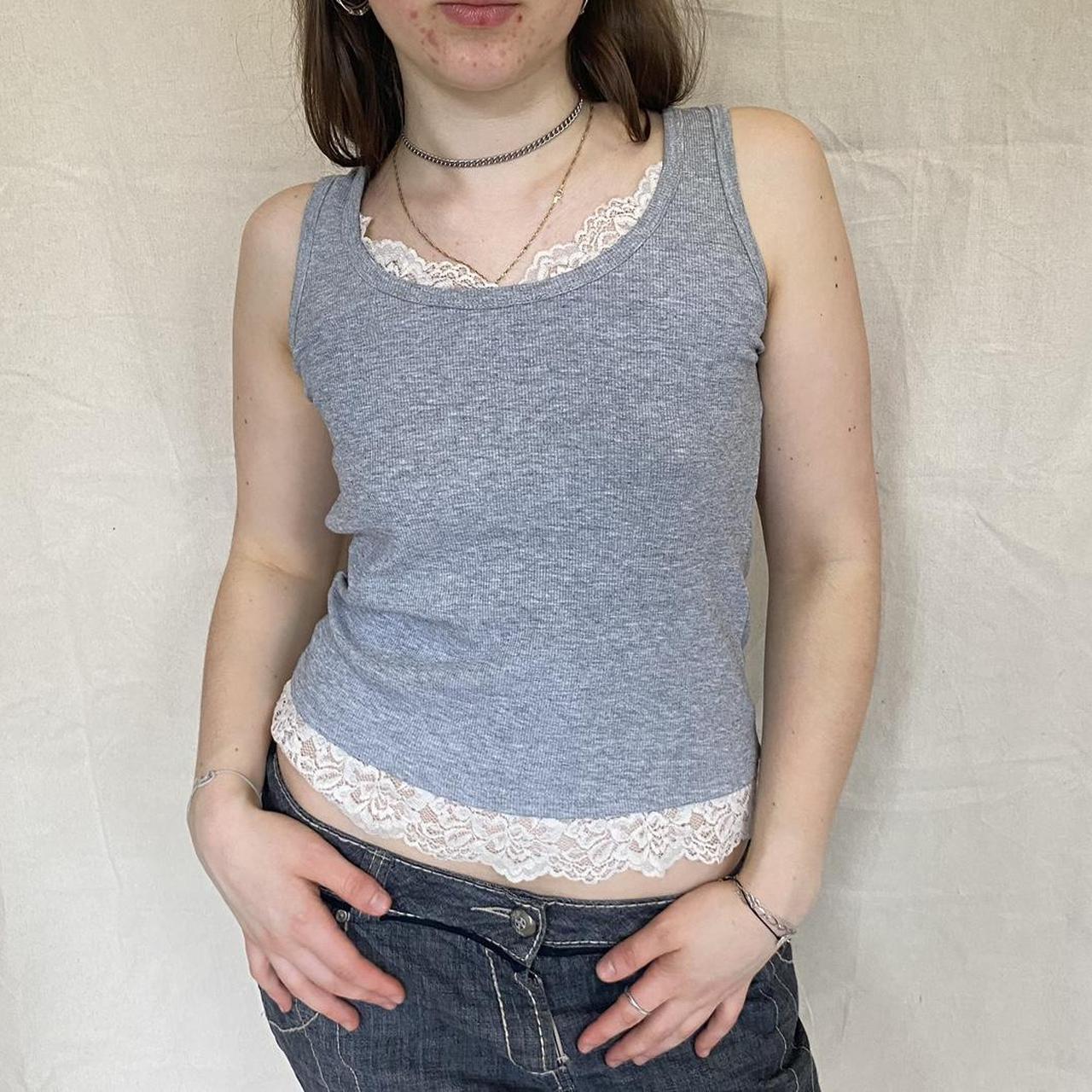 SUPER COOL grey cami with lace details on collar!... - Depop