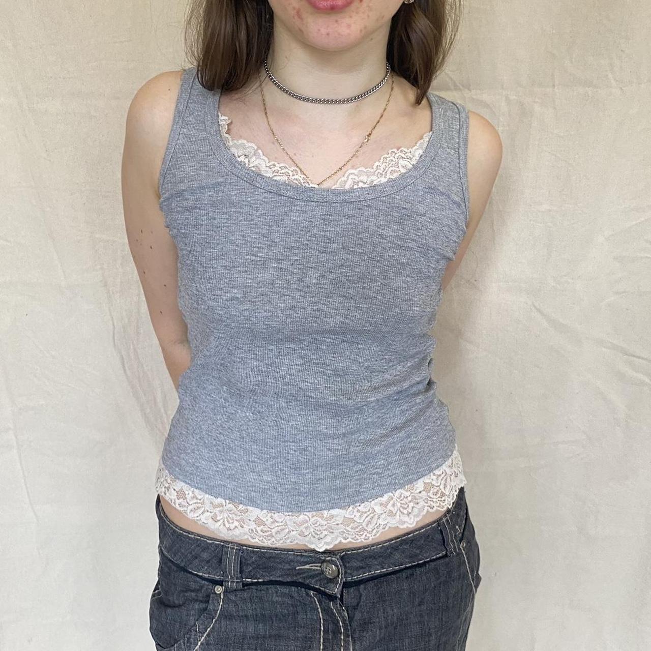 SUPER COOL grey cami with lace details on collar!... - Depop