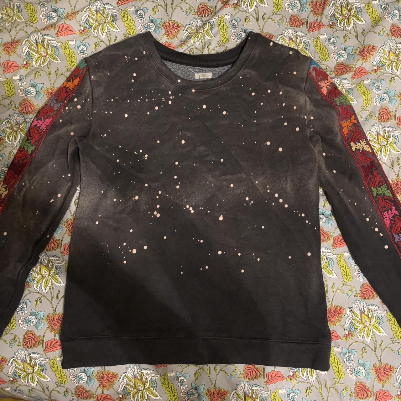 Moody ecoté bleach splattered sweater with fleece... - Depop
