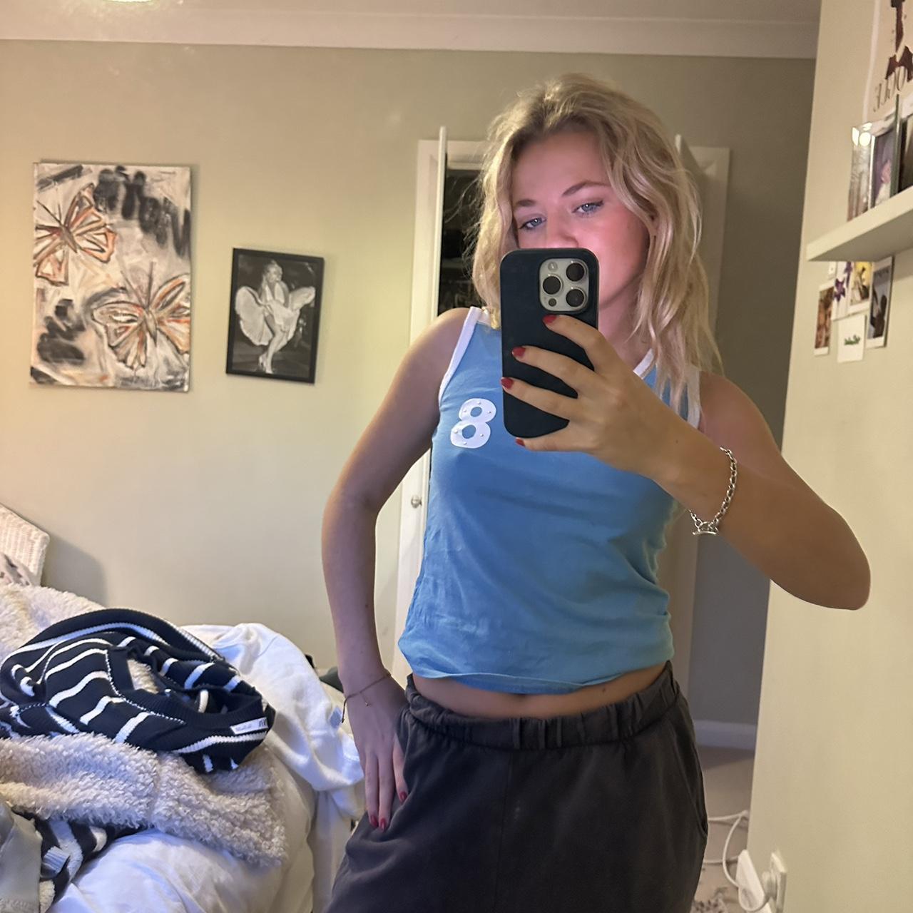 Blue sports style tank top with number 8 y2k Size 6/8 - Depop