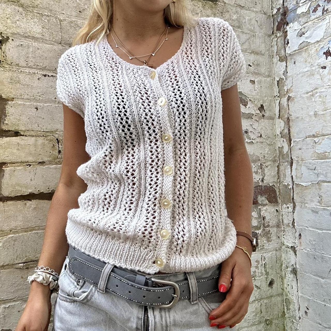 Gorgeous white crochet knitted button up #y2k... - Depop