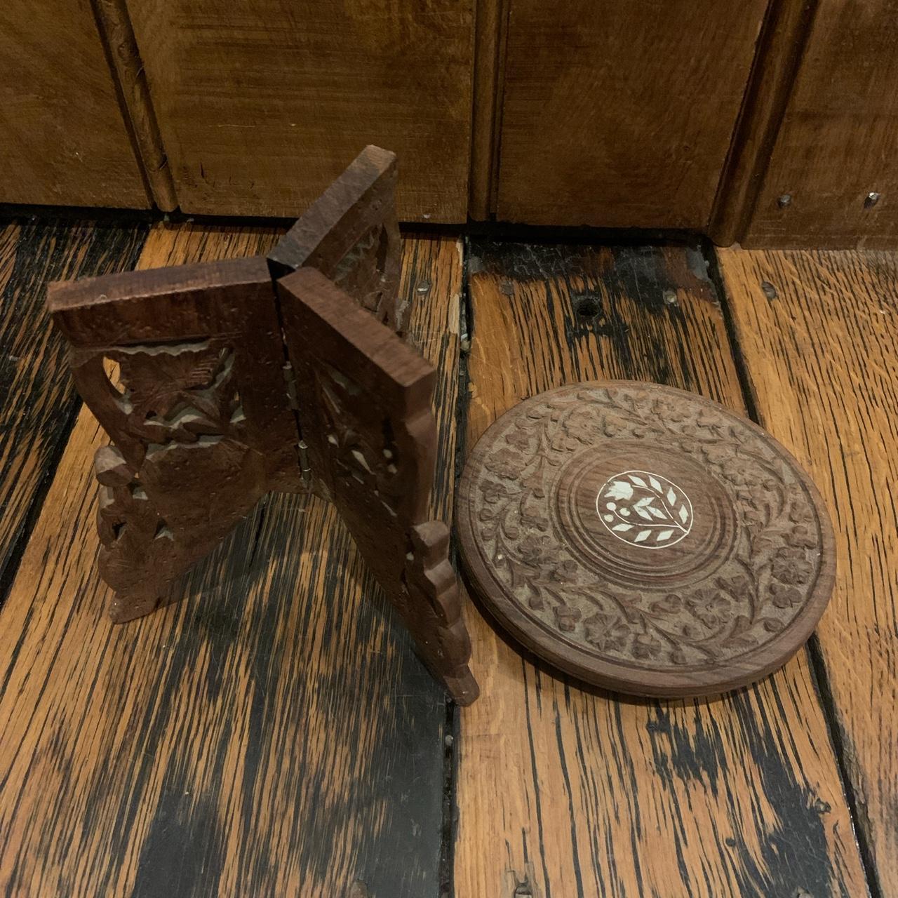 Mini carved wooden table. Collapsible legs ☀️... - Depop