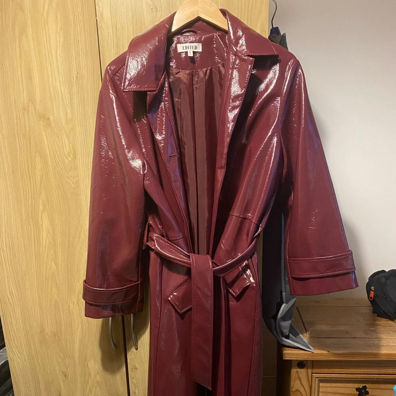 Red/ burgundy vinyl trench coat Gorgeous fit and... - Depop