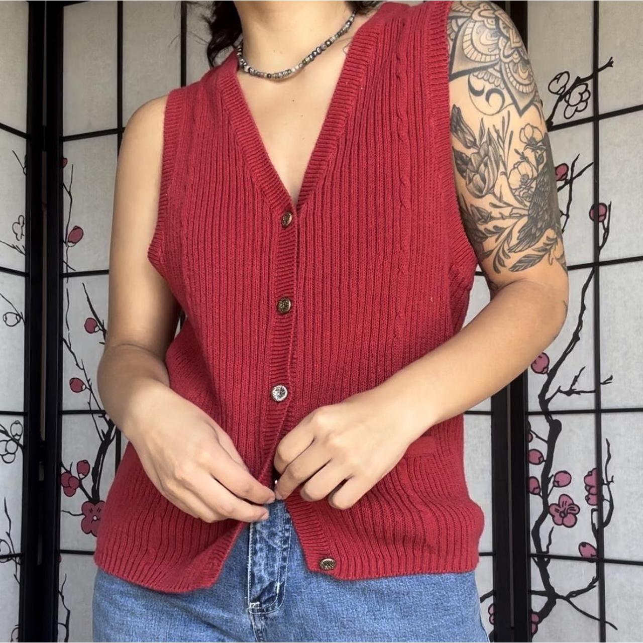 super soft red button down vest // can fit S-L... - Depop