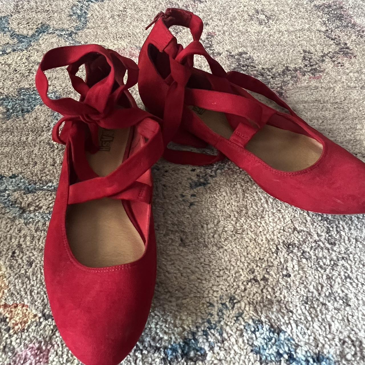 red ballet flats with long ribbons to tie ! super... - Depop