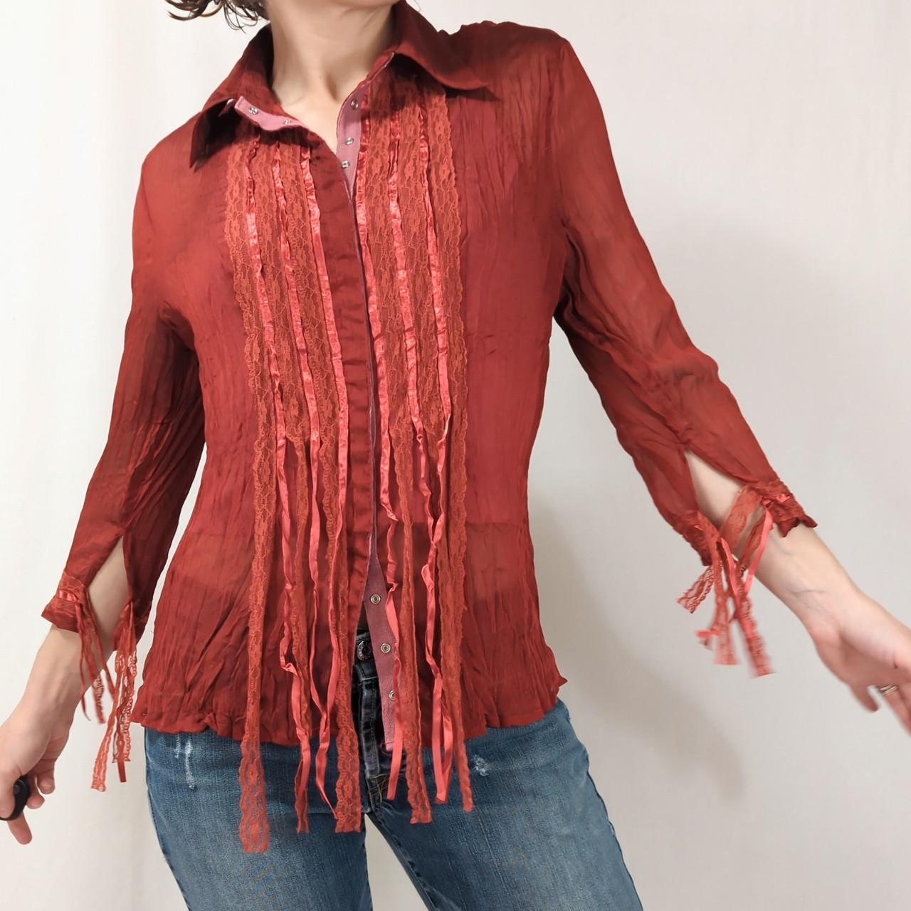 Dark red sheer blouse with lace tendril ribbon... - Depop