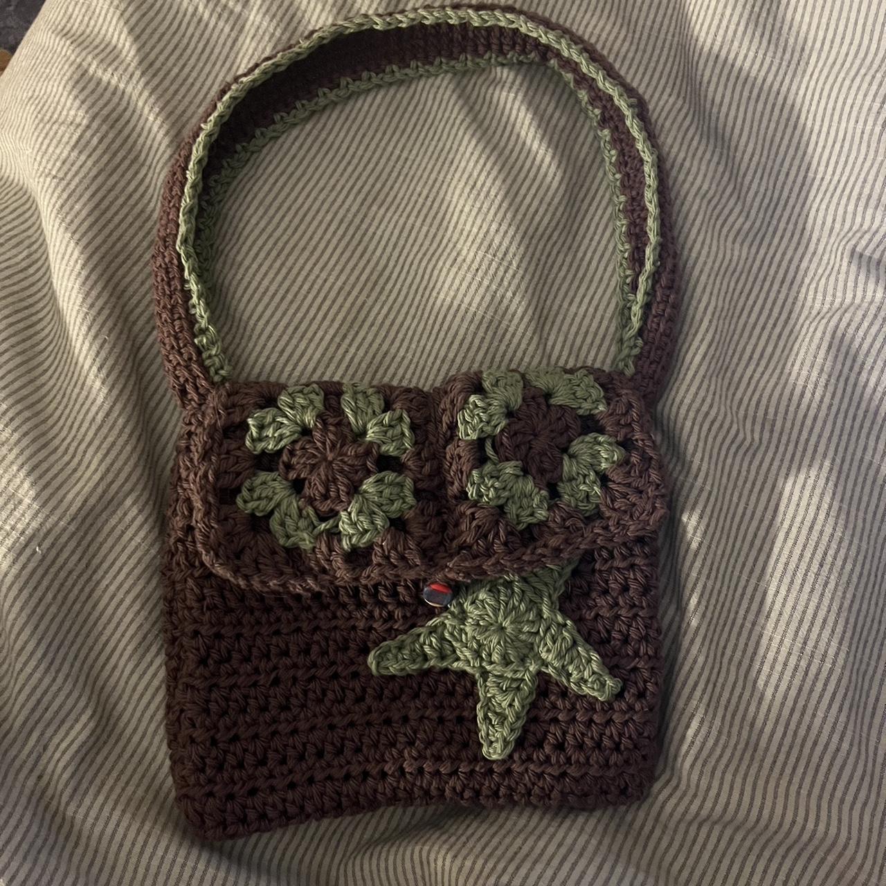 Crochet Sage Green and Brown Satchel Style Shoulder... - Depop