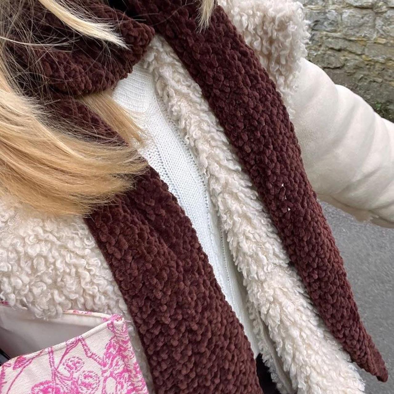 Fluffy Brown Knit skinny scarf Handmade crotchet... - Depop