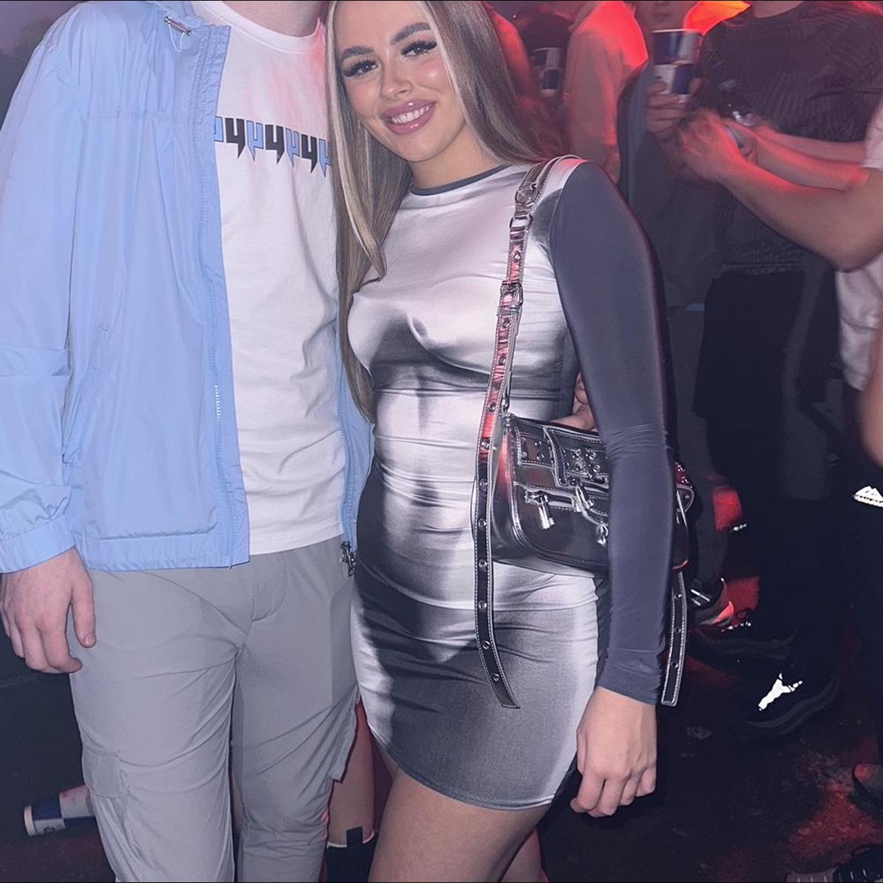 Long sleeve body print detail mini bodycon dress in... - Depop