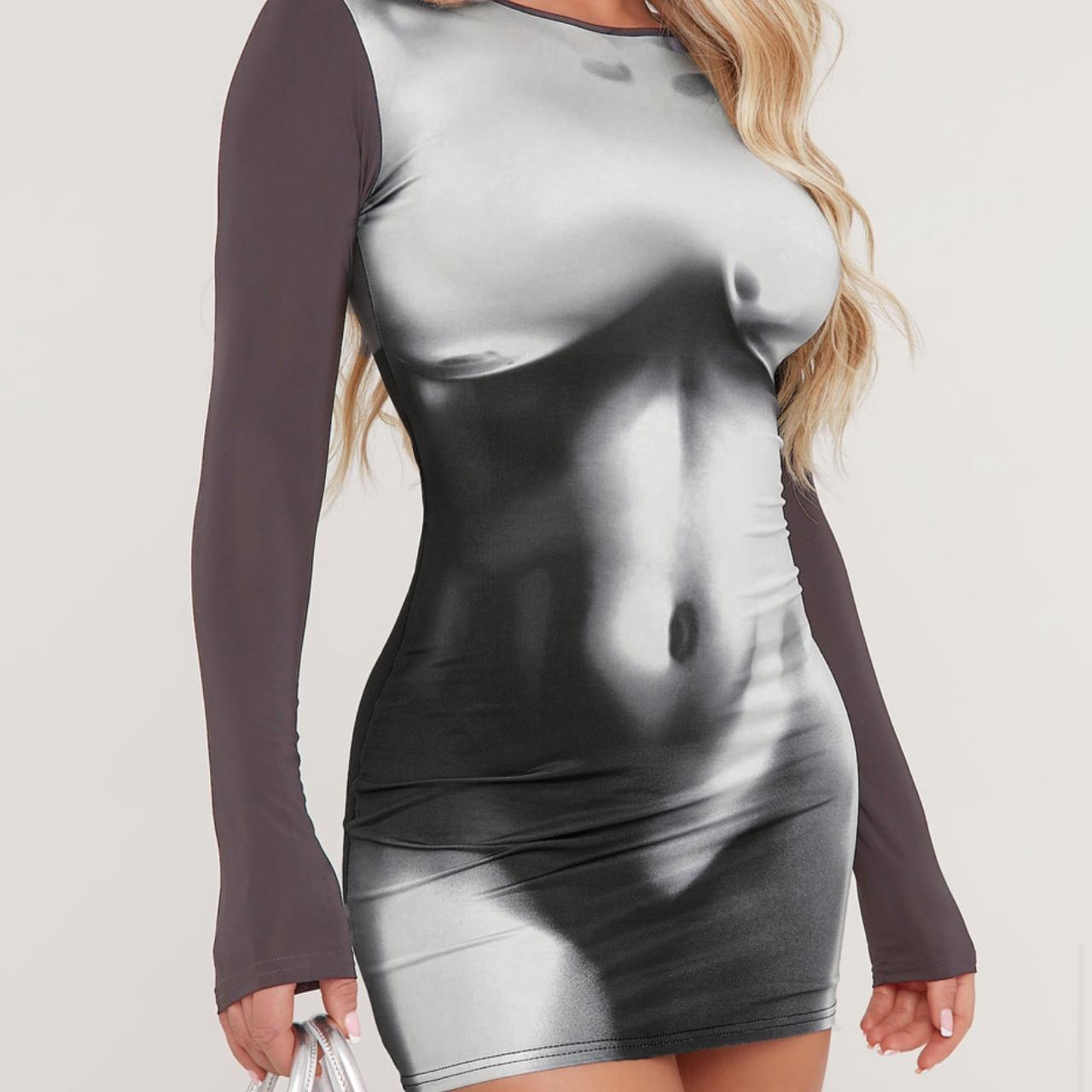 Long sleeve body print detail mini bodycon dress in... - Depop