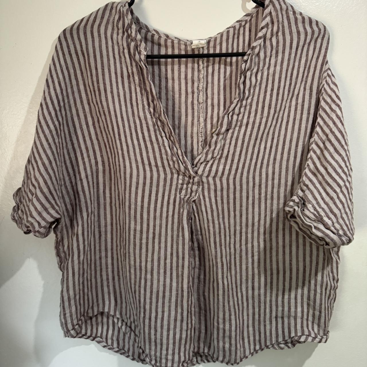 Korean bran, linen feeling crop striped top. Brown... - Depop