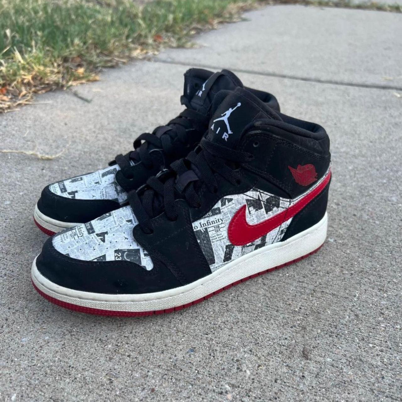 Air Jordan mids. Black, red, and newspaper. Thrift... - Depop