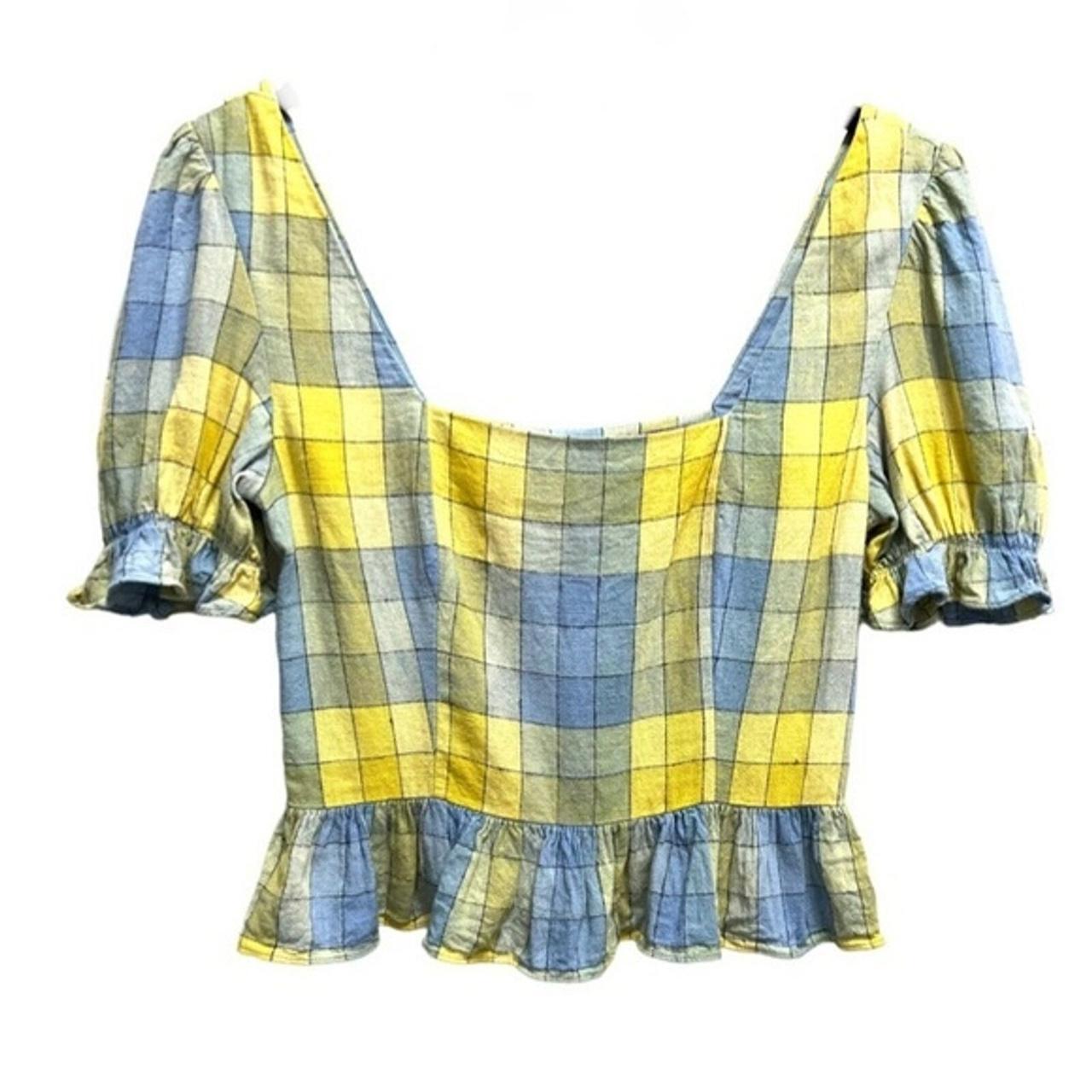 Staud checkered yellow and blue plaid print top size... - Depop