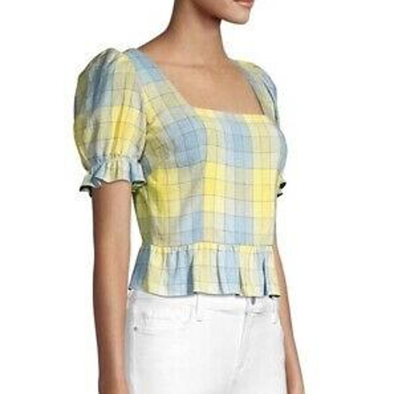 Staud checkered yellow and blue plaid print top size... - Depop