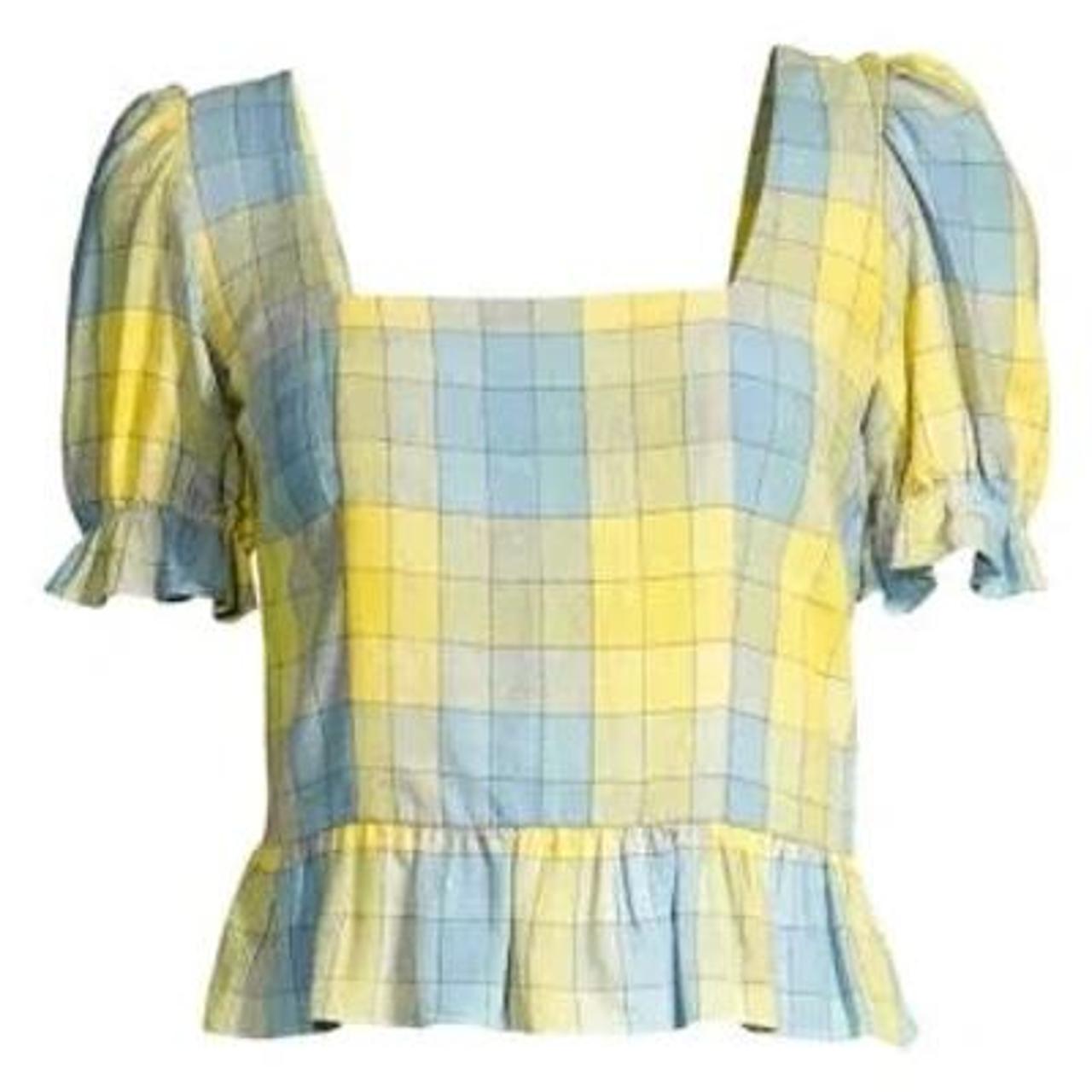 Staud checkered yellow and blue plaid print top size... - Depop