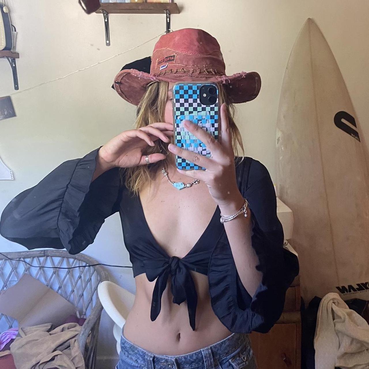 tie up silky black long sleeve so cute in great... - Depop tie up silky black long sleeve so cute in great... - Depop