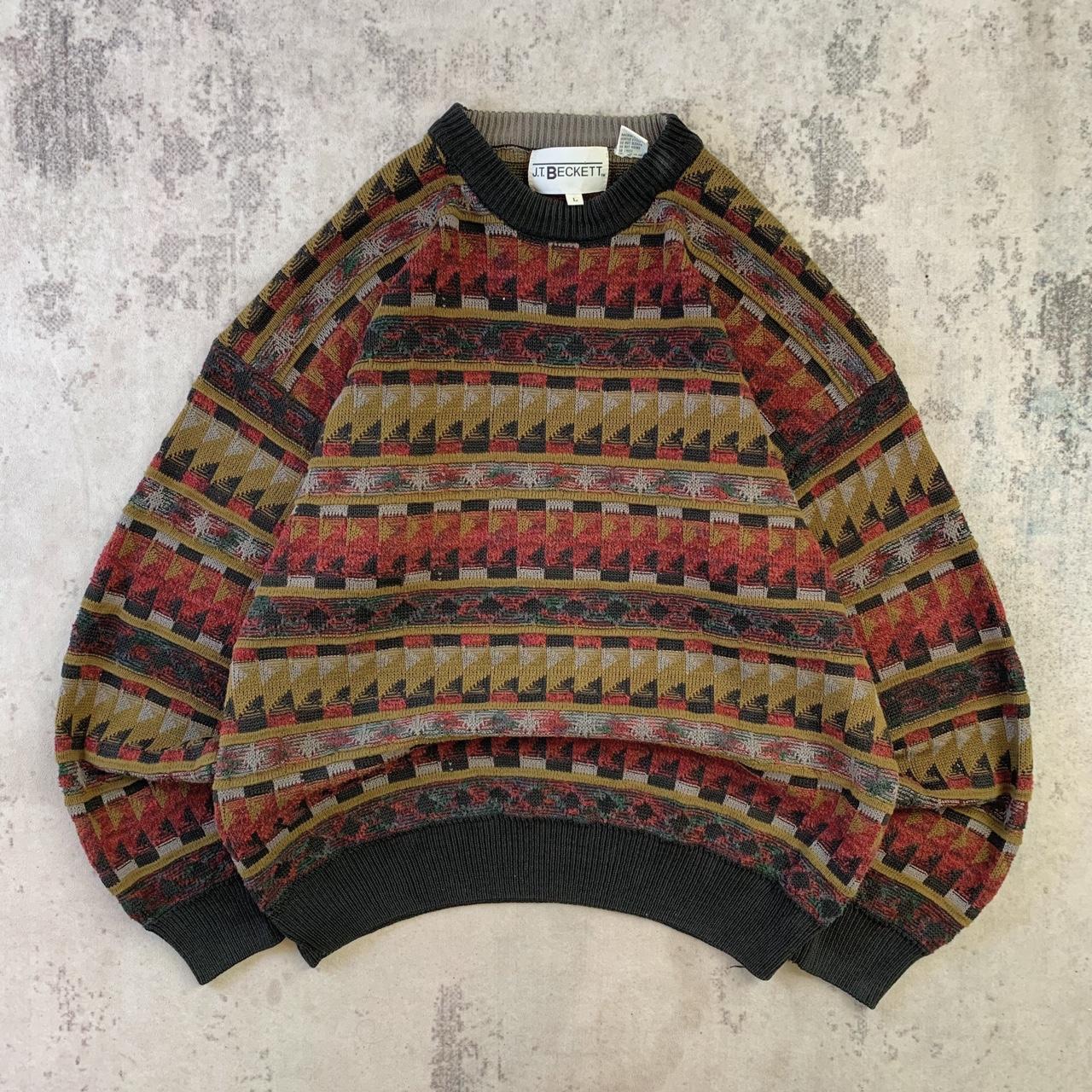 90s Vintage Boxy Knit Pattern Sweater Striped Earth... - Depop