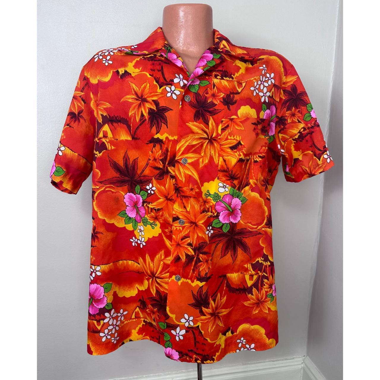Vintage 1970s Orange Tropical Floral Shirt, Royal... - Depop