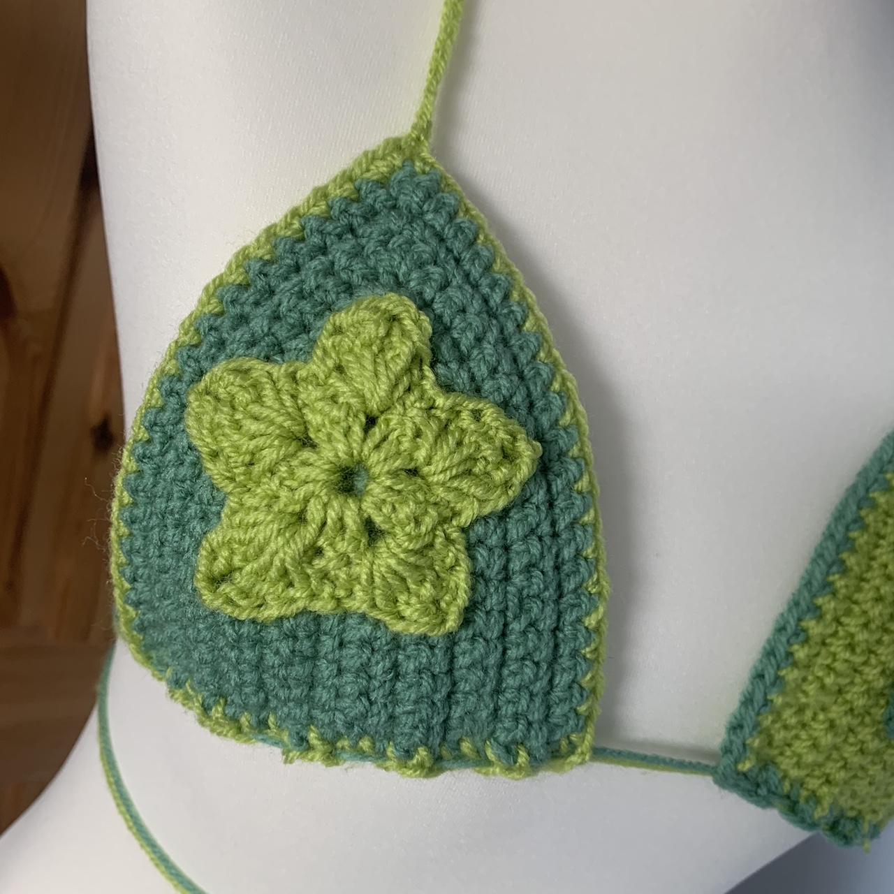 Two tone crochet green bikini top Flower details UK... - Depop