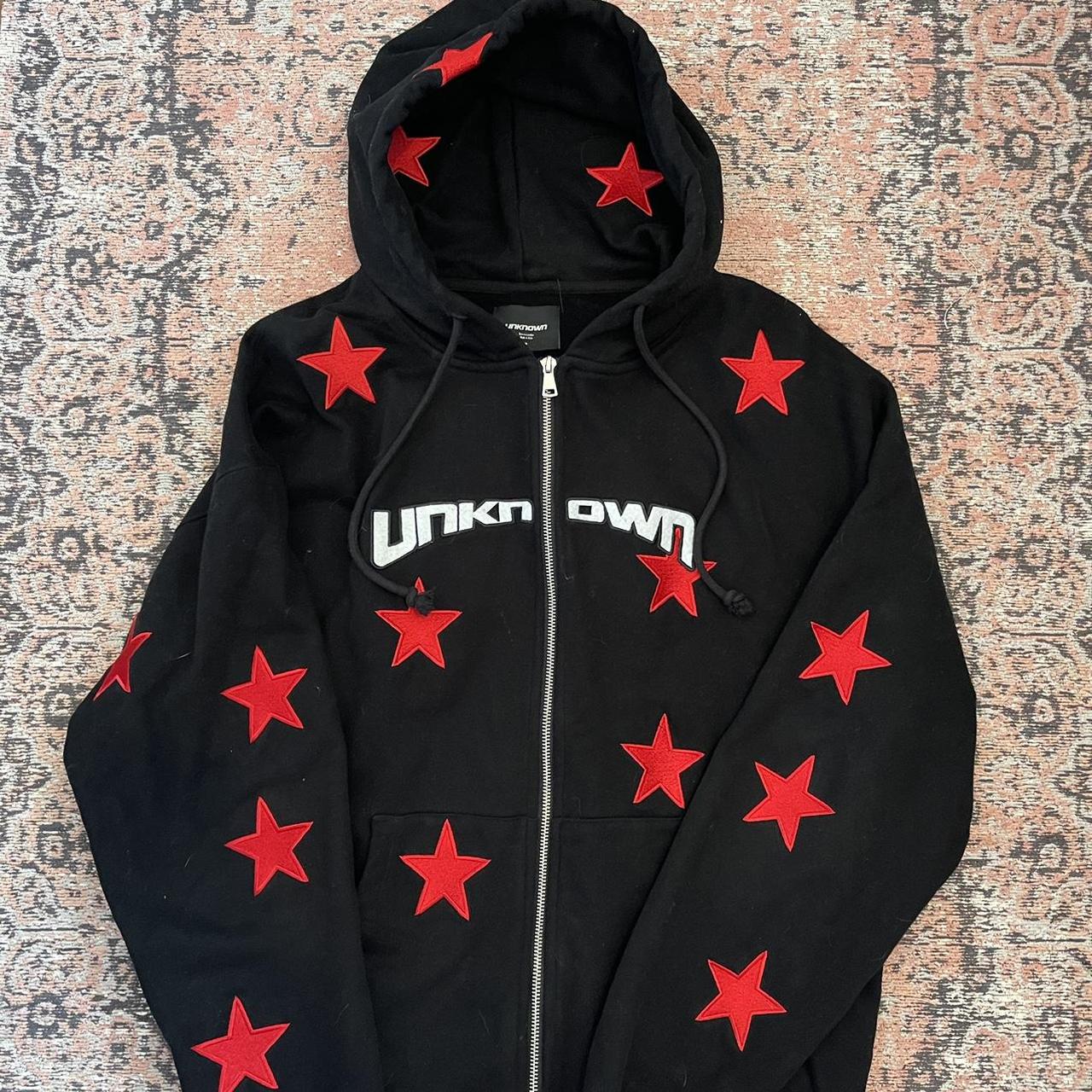 Unknown London Hoodie Red stars Size M Like new... - Depop