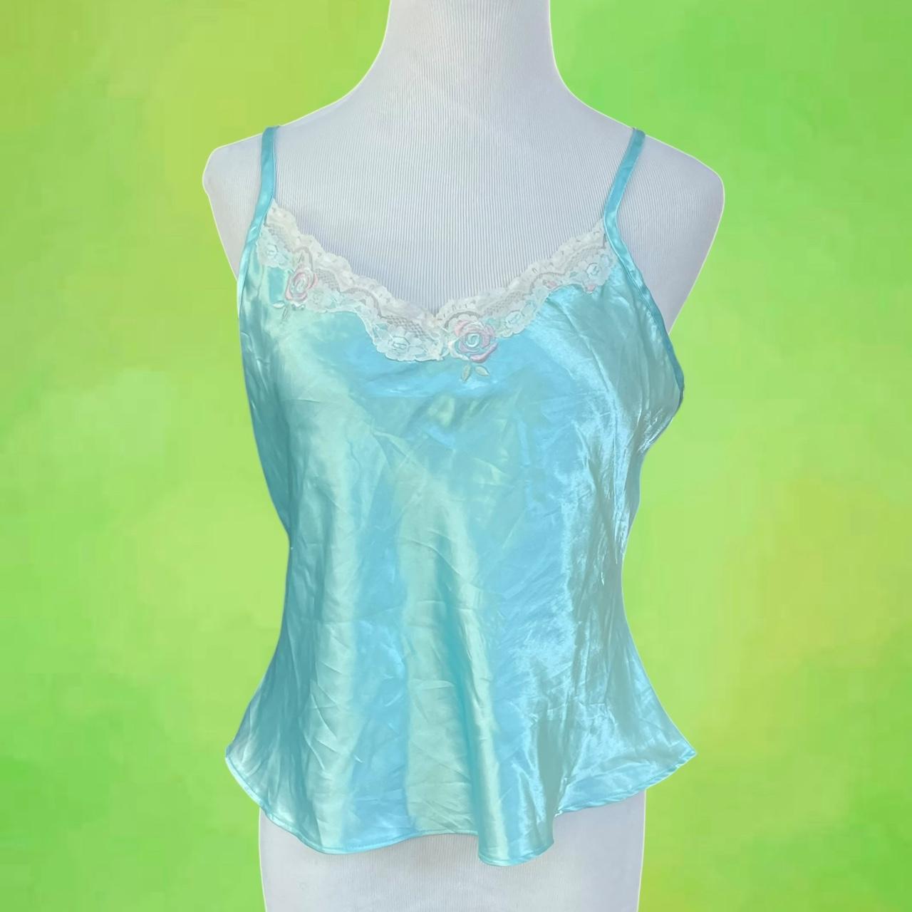 Vintage Baby blue satin cami top with lace trim and... | Depop