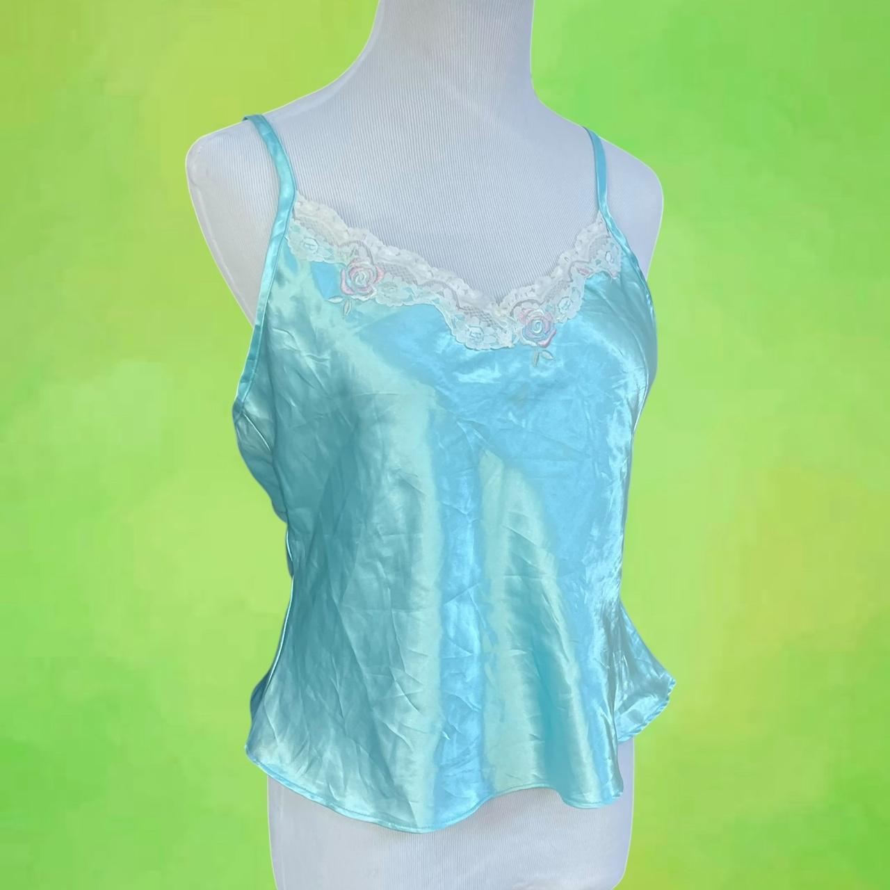 Vintage Baby blue satin cami top with lace trim and... | Depop