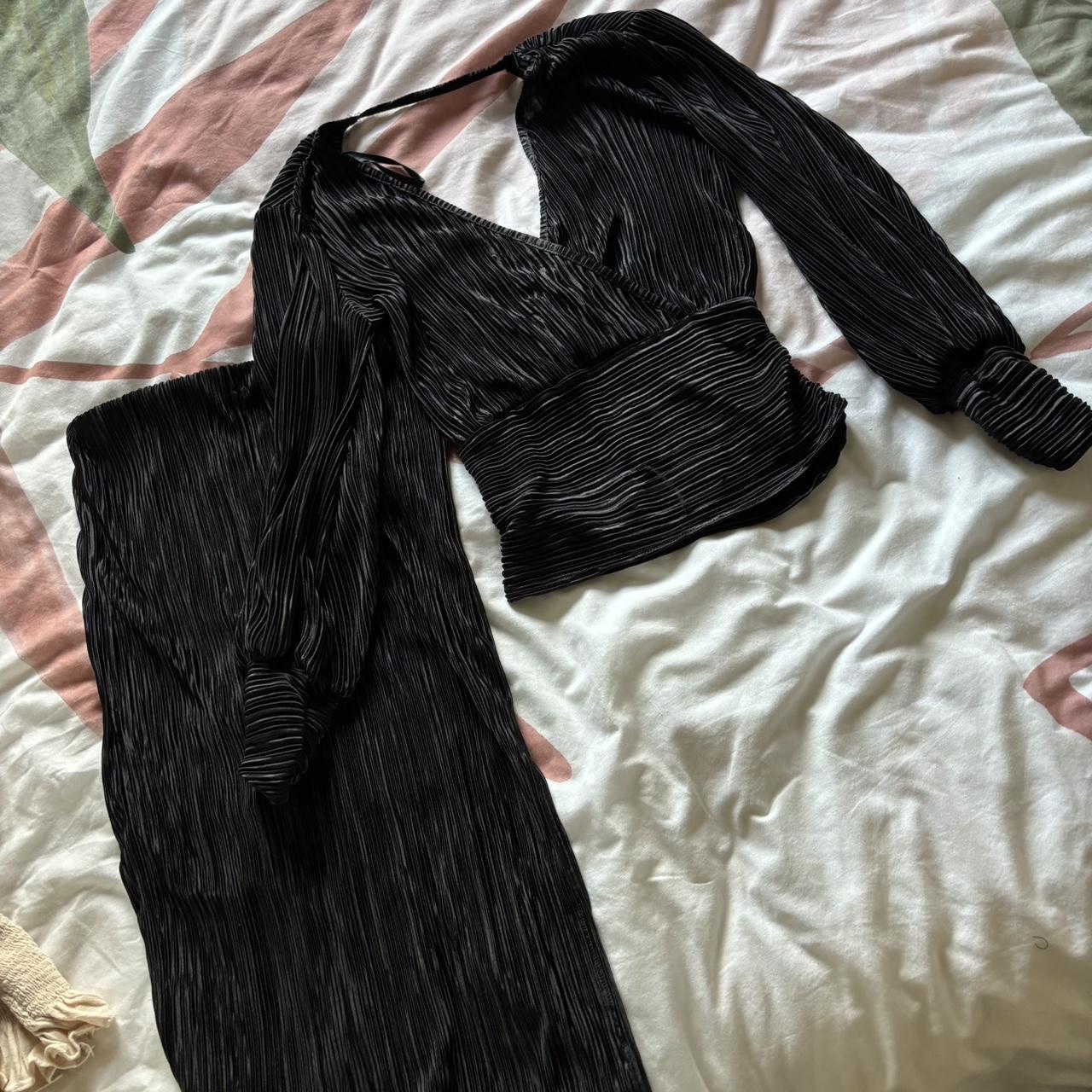 Black Bardot two-piece pleated set XS Long sleeve... - Depop