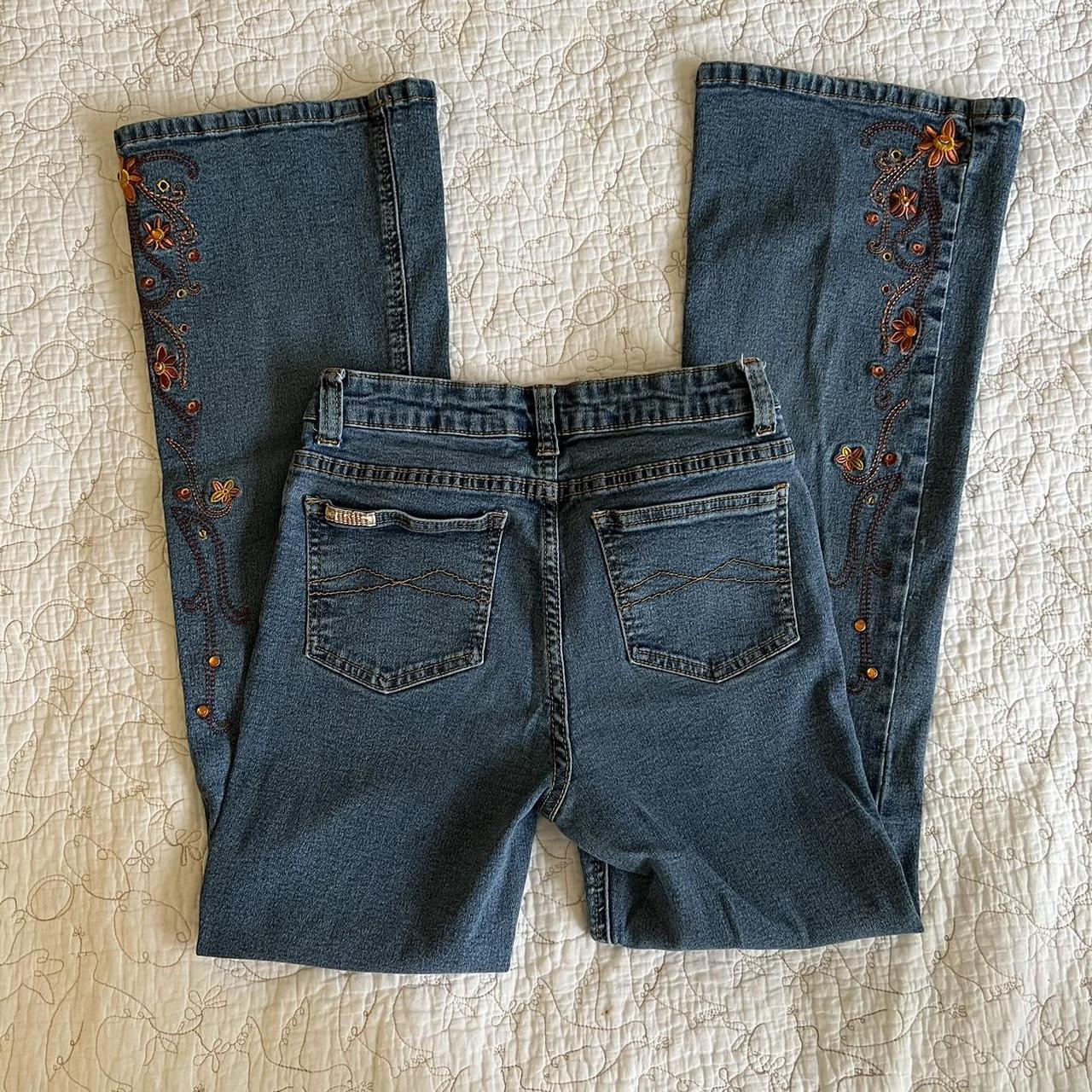 gasoline denim jeans with orange floral embroidery... - Depop
