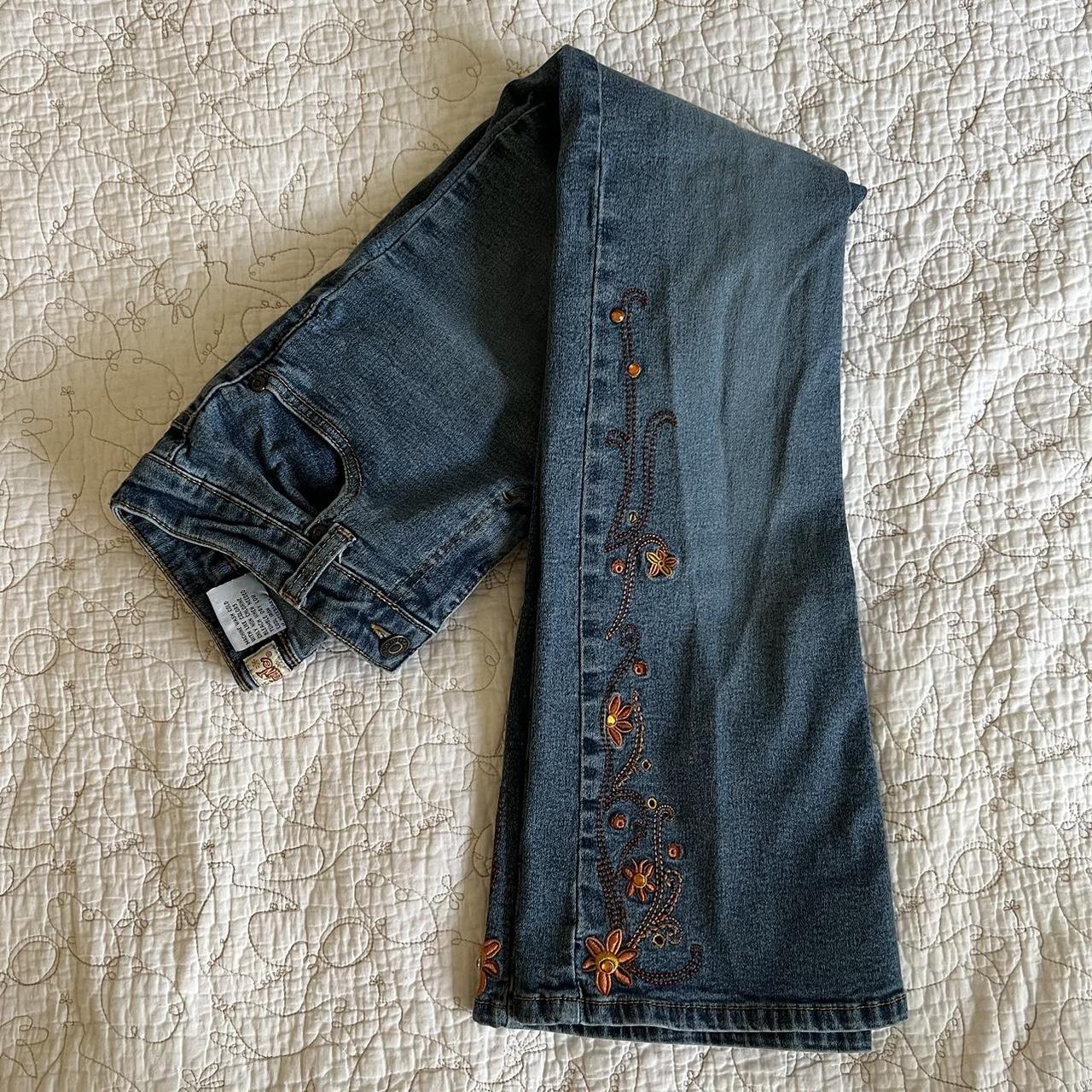 gasoline denim jeans with orange floral embroidery... - Depop