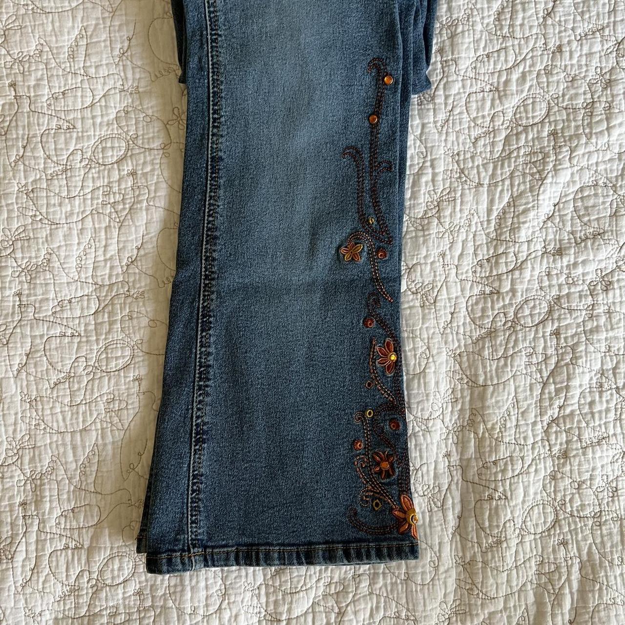 gasoline denim jeans with orange floral embroidery... - Depop
